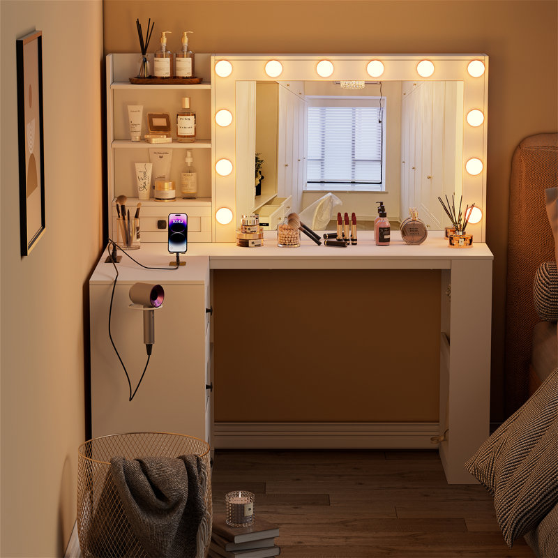 Vanity Desk with Mirror and Lights Corner Makeup Table with 3 Color Lighting with Power Strip